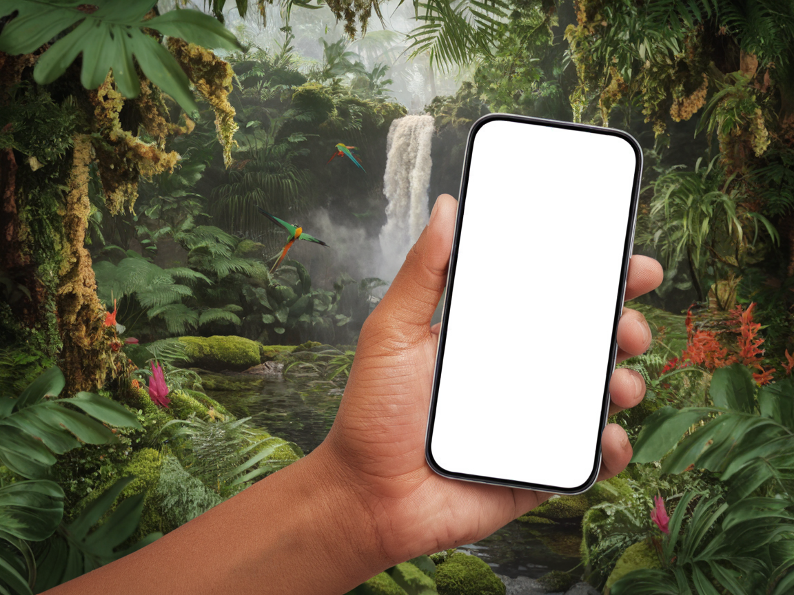 Device Mockup 2567 | ochre skin, black smartphone, rainforest, waterfall, tropical birds, nature ...