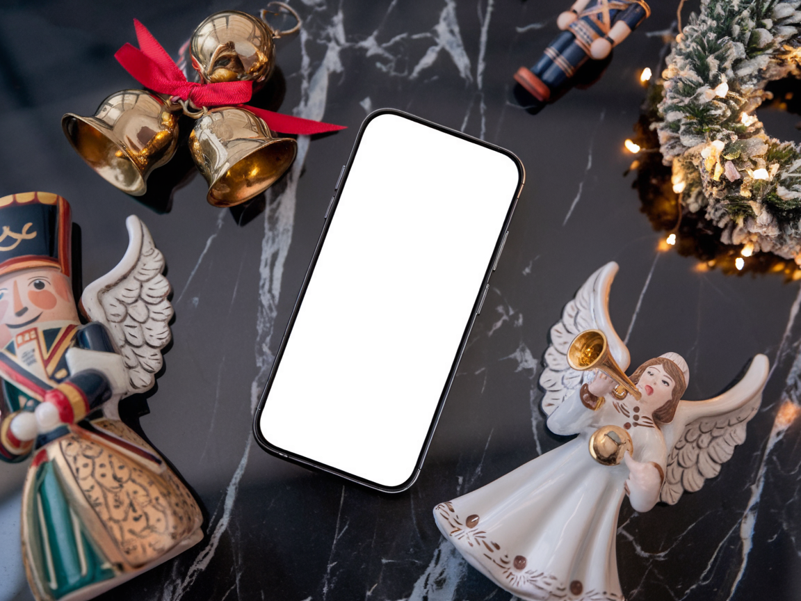 Free iPhone Mockup — smartphone, marble, Christmas, jingle bells ...